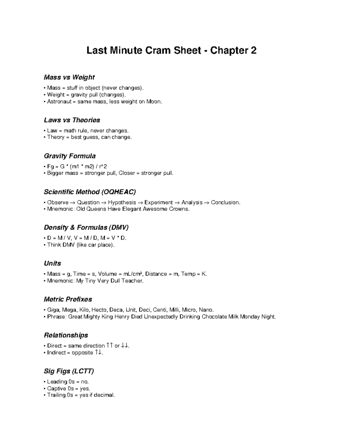 Last Minute Cram Sheet - Ch 2: Mass, Weight & Scientific Method - Studocu