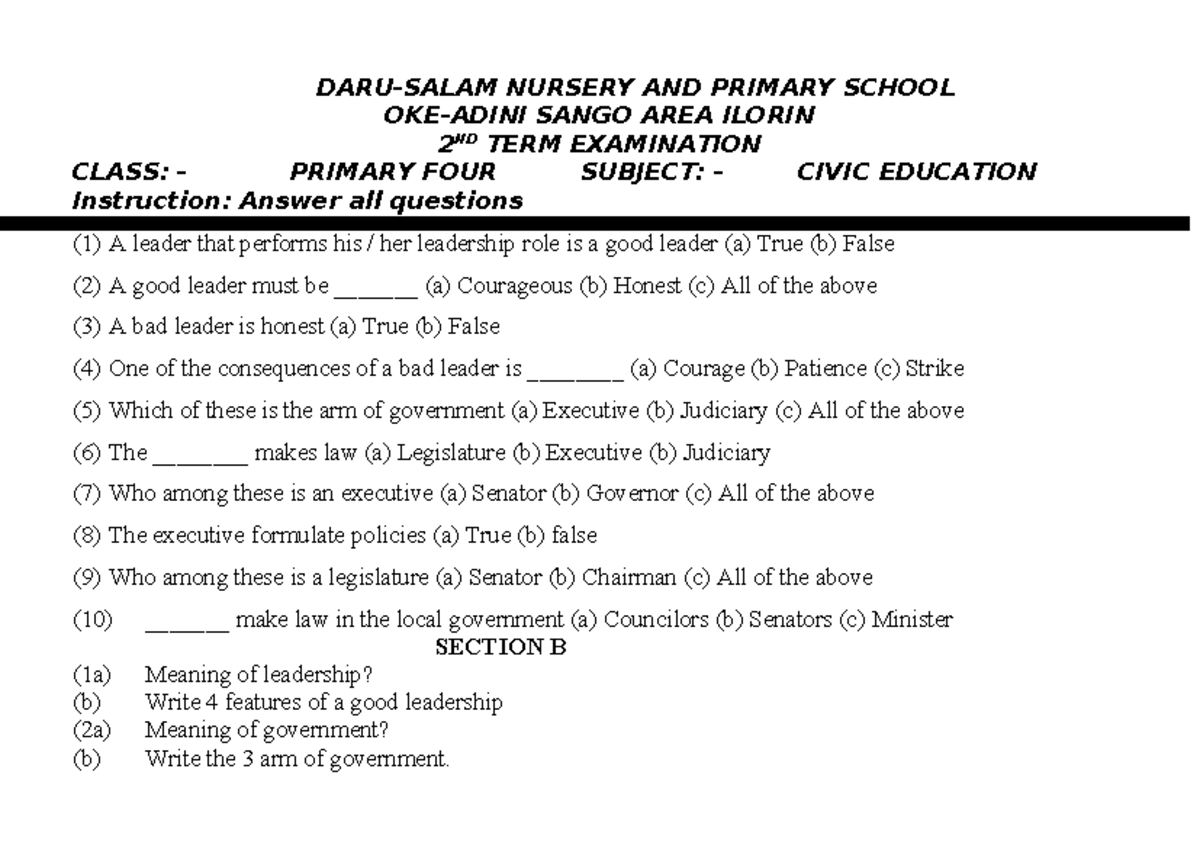 NURSERY AND PRIMARY SCHOOL SANGO AREA ILORIN 2ND TERM EXAMINATION 2023 ...