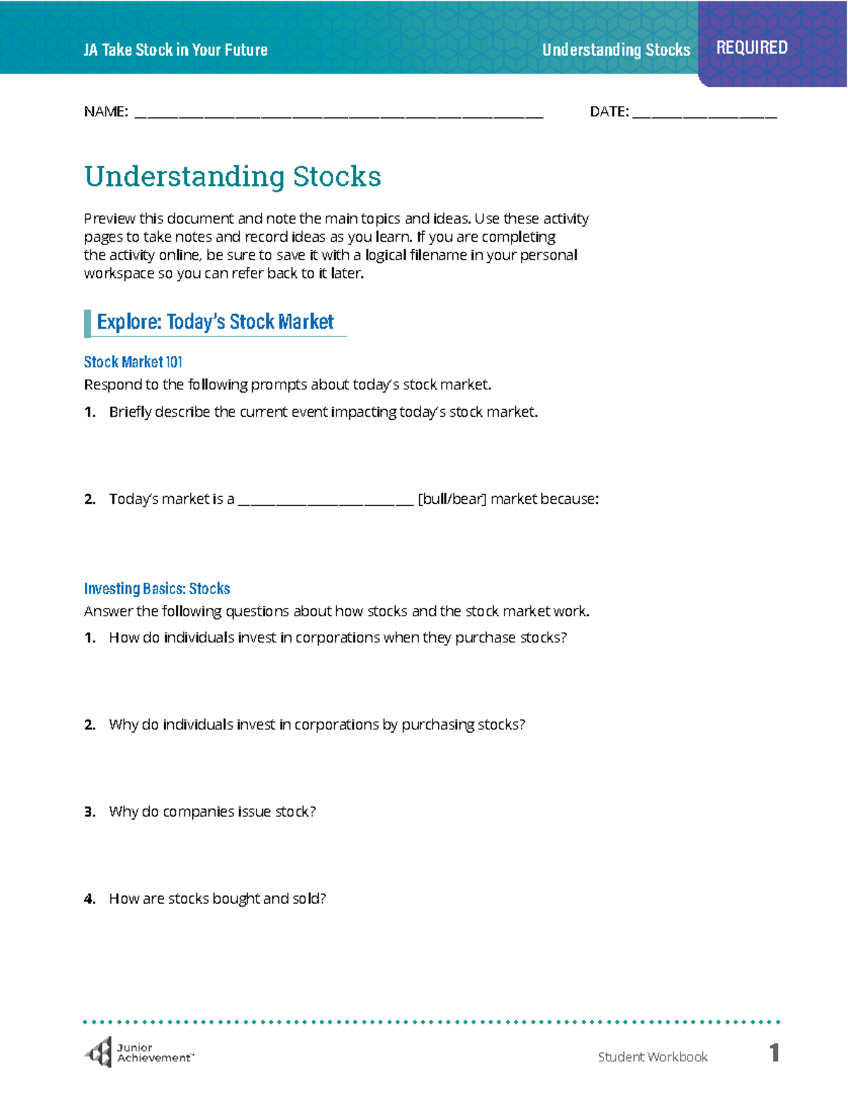 JA Take Stock in Your Future: Understanding Stocks Workbook - Studocu