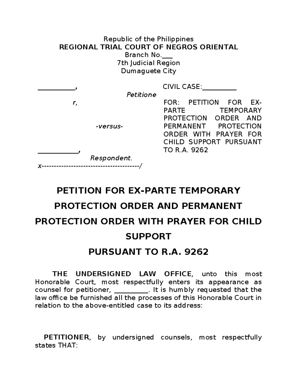 471682407 Petition for Ex-Parte Temp. Protection Order & Child Support ...