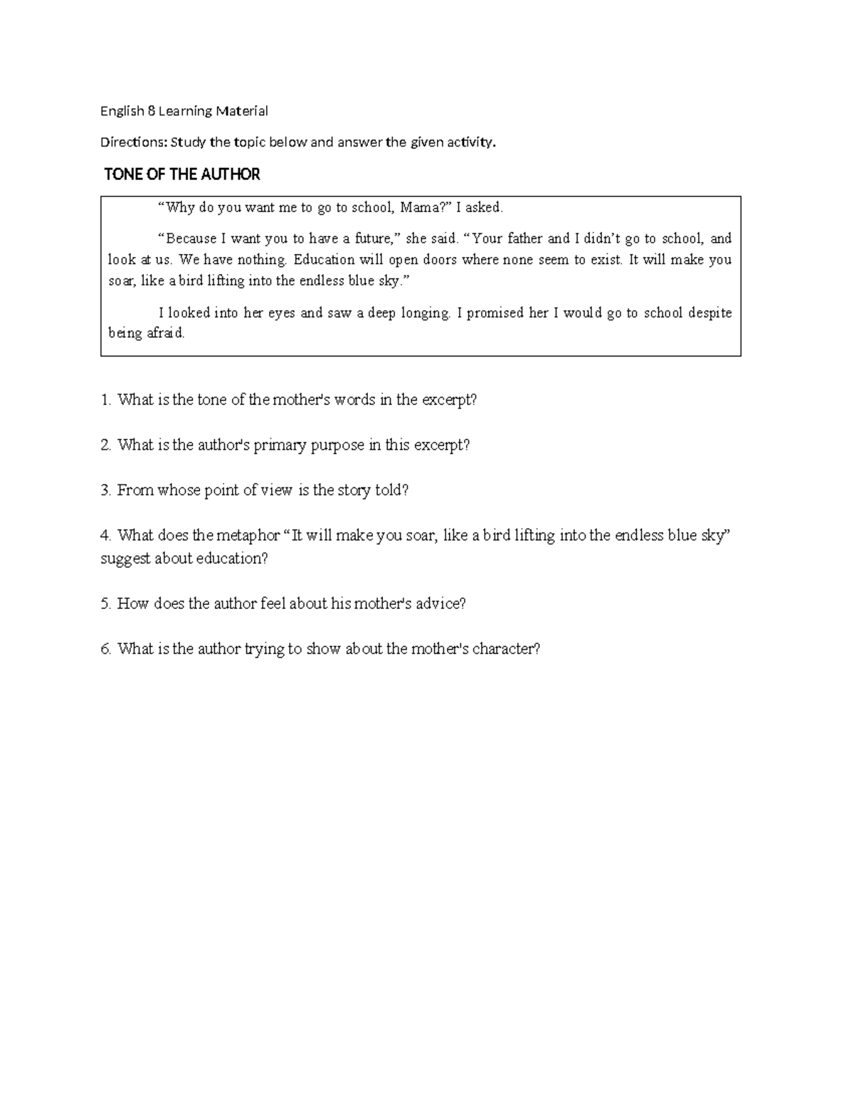 English 8: Analyzing Author's Tone and Perspective in Excerpts - Studocu