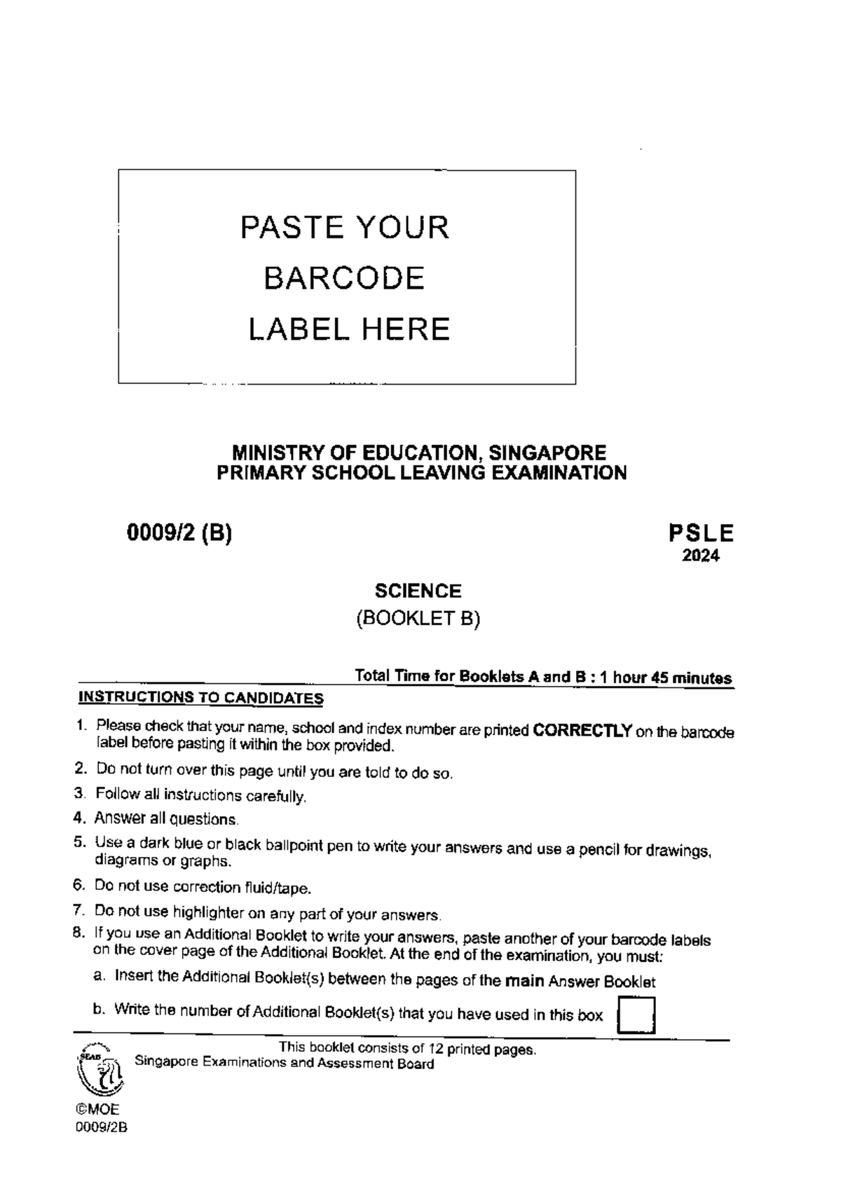 PSLE 2024 Science Examination Booklet B Instructions and Questions ...