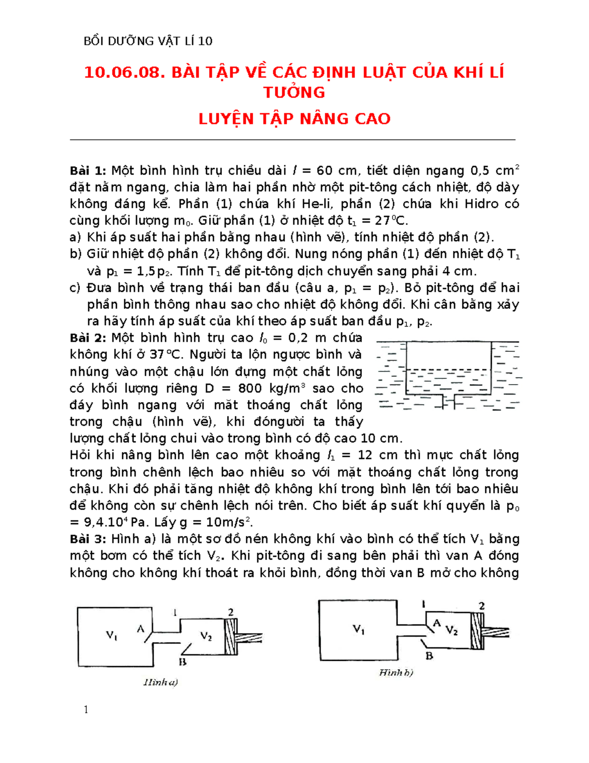 BỒI DƯỠNG VẬT LÍ 10 - BÀI TẬP VỀ CÁC ĐỊNH LUẬT KHÍ LÍ NÂNG CAO - Studocu