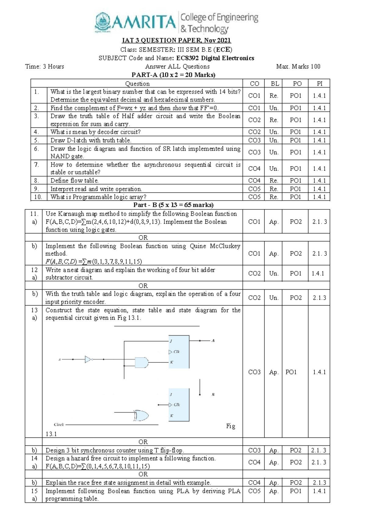 IAT 3 EC8392 Digital Electronics Question Paper - Nov 2021 - Studocu