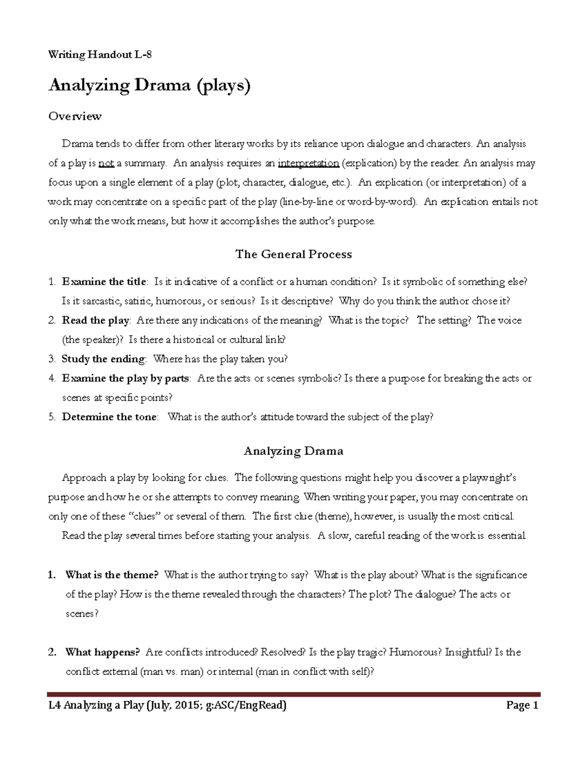 L4 Analyzing Drama: A Comprehensive Overview of Play Analysis - Studocu