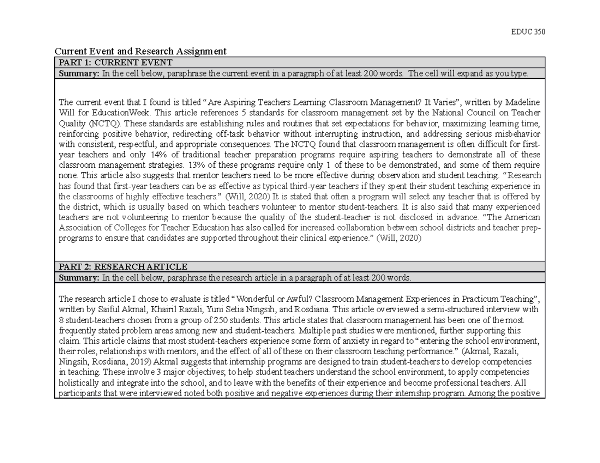 EDUC 350 Current Events & Research Assignment: Classroom Management ...