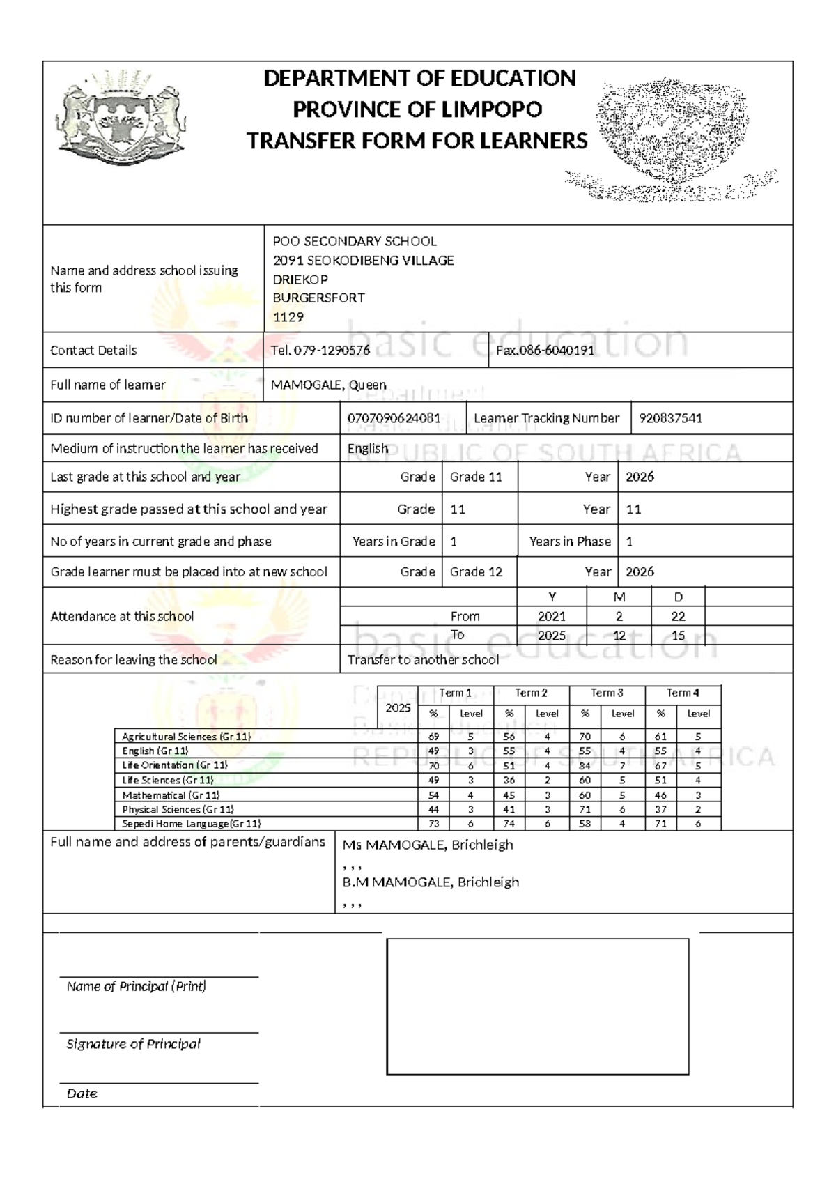 Transfer Form for Learners - POO Secondary School (Gr 11) - Studocu