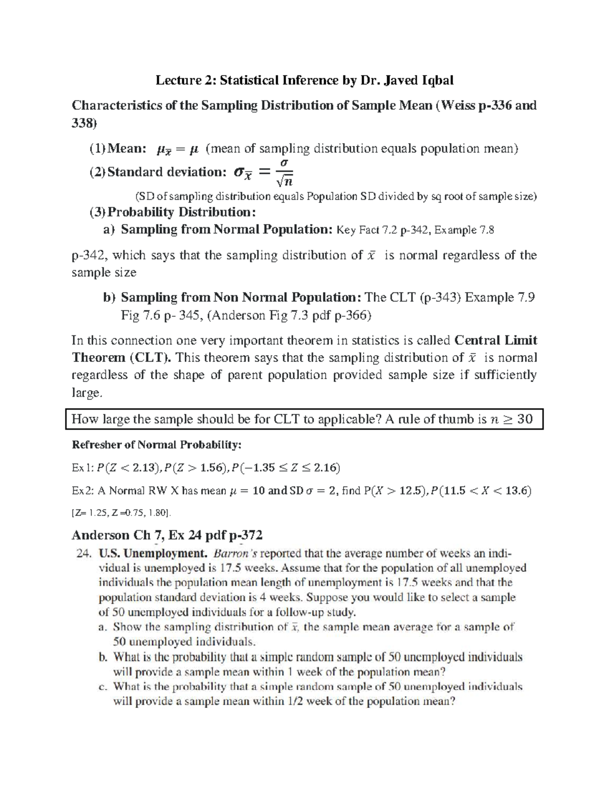Lecture 2: Characteristics of the Sampling Distribution of Sample Mean ...