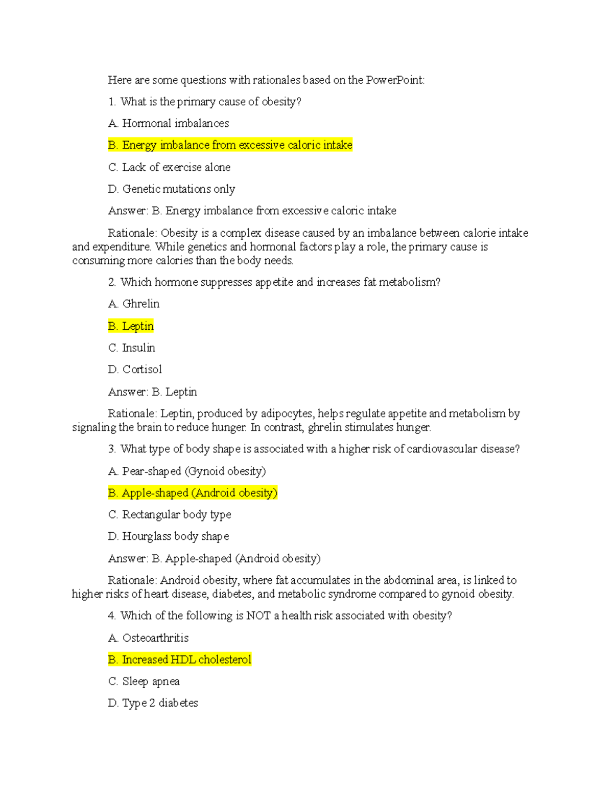 Med SURG Exam 2: Obesity & Metabolic Syndrome Practice Questions - Studocu