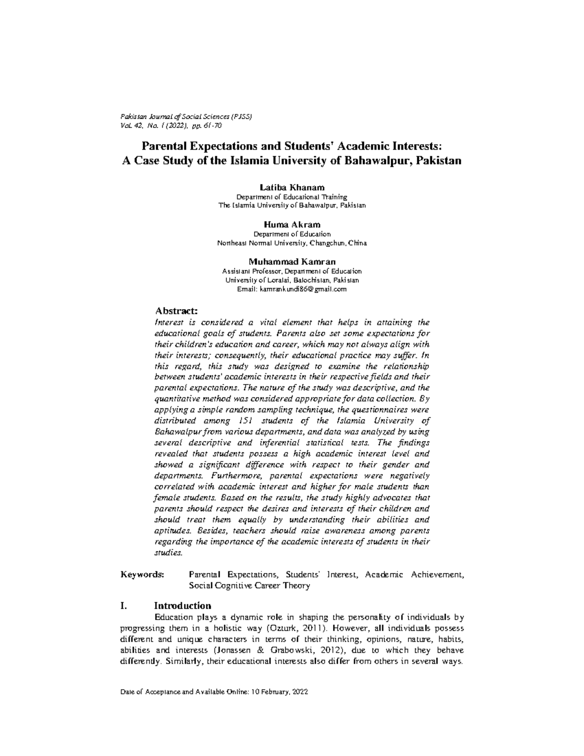 Parental Expectations and Academic Interests: A Case Study (PJSS) - Studocu