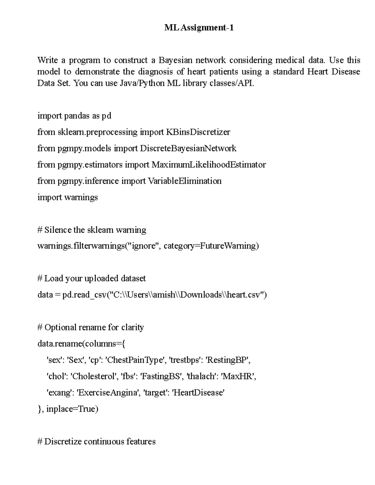 ML Assignment: Constructing a Bayesian Network for Heart Disease Diagnosis - Studocu