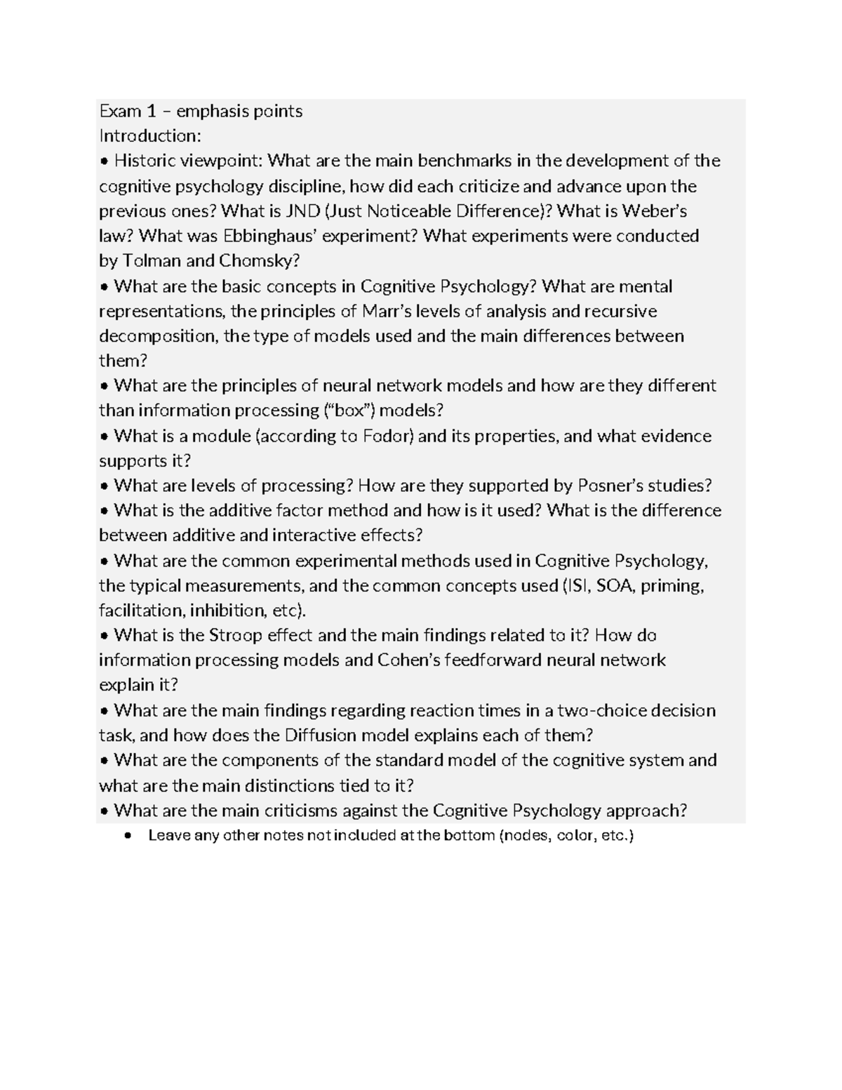 Cognitive Psychology Exam 1: Key Concepts and Models Overview - Studocu