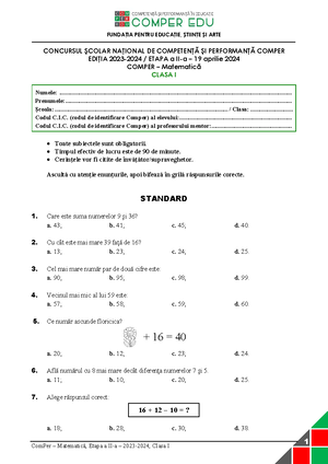Barem Comper Mate Etapa II 2022 2023 clasa I - matematica si explorarea ...