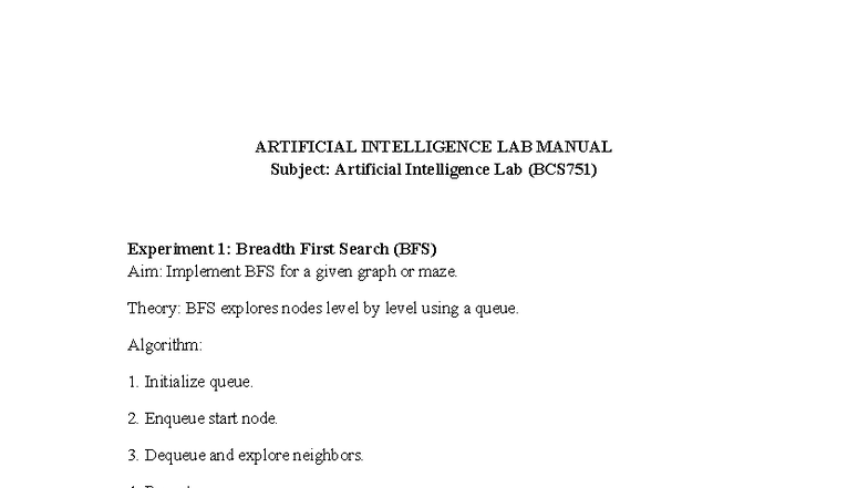AI Lab Manual: Experiments in Artificial Intelligence (BCS751) - Studocu