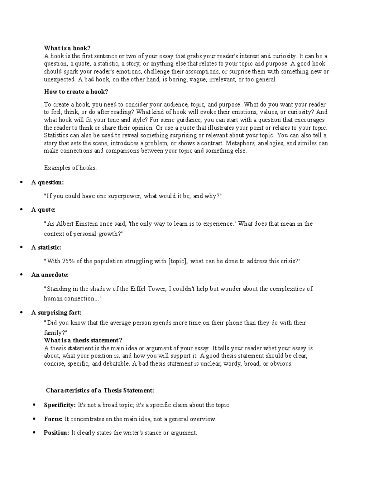 Essay Writing: Crafting Effective Hooks and Thesis Statements - Studocu