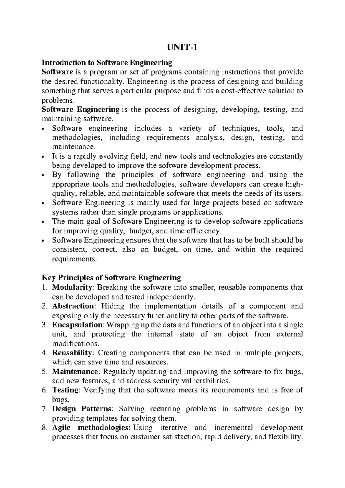 SE UNIT-1: Introduction to Software Engineering Study Notes - Studocu