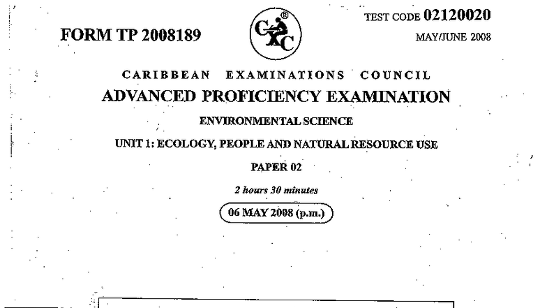 Environmental Science 02120020 CAPE 2008 Past Paper Exam - Studocu
