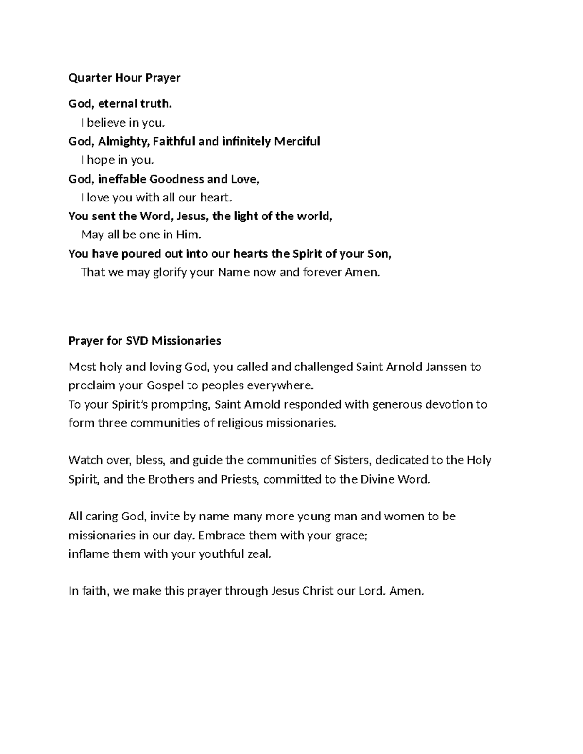Quarter-Hour Prayer for SVD Missionaries - Bshajajab - Studocu