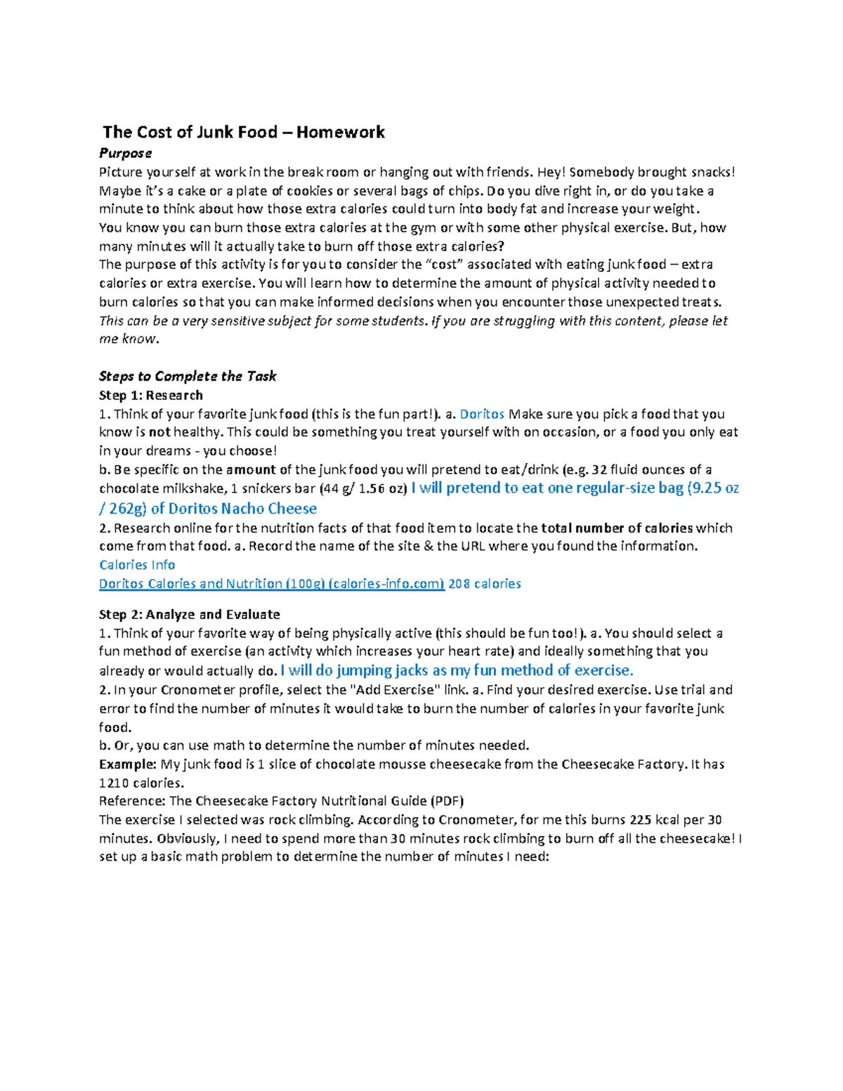 The Cost of Junk Food Homework: Calorie Burn Analysis and Exercise ...
