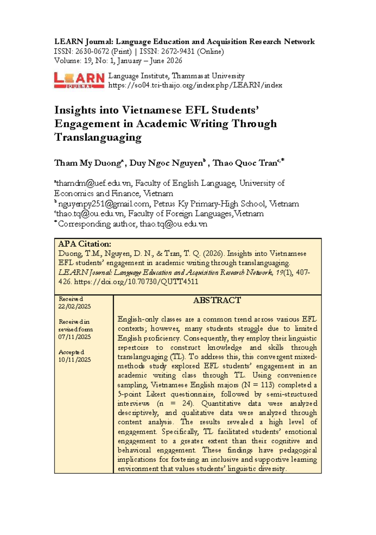 Insights into Vietnamese EFL Engagement in Academic Writing: A TL ...