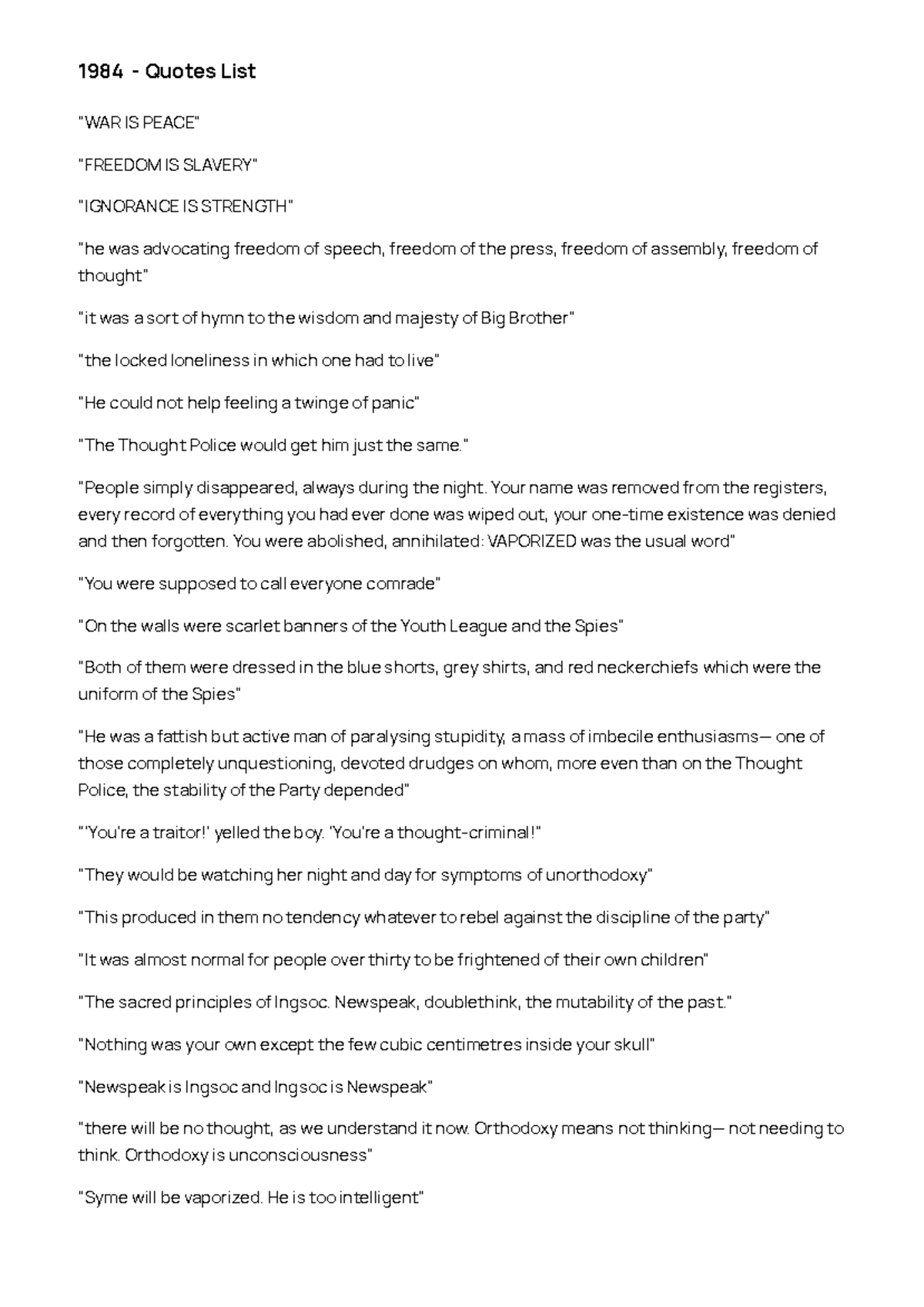 1984 Quotes List: Freedom, Control, and Rebellion Insights - Studocu