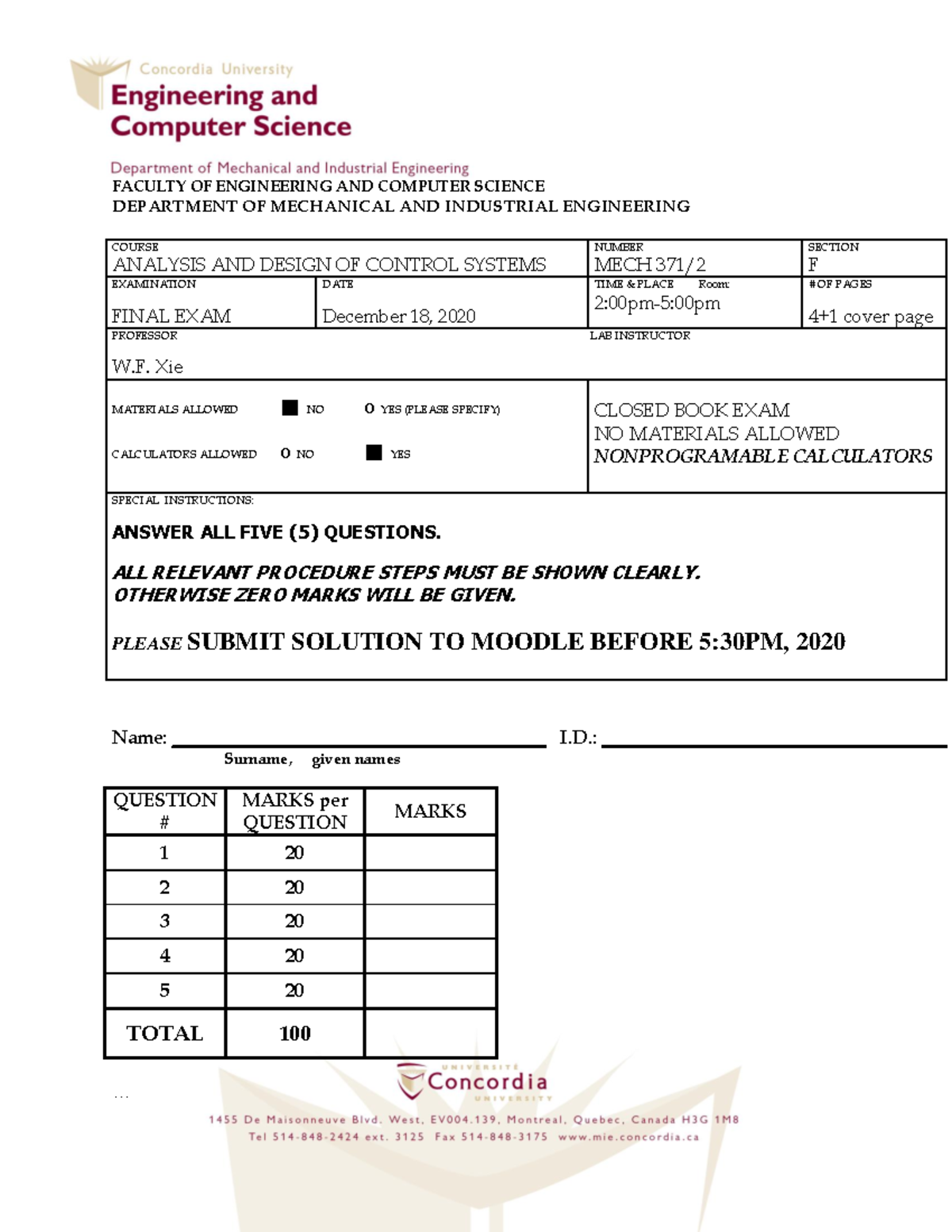 MECH 371 Final Exam Fall 2020 - FACULTY OF ENGINEERING AND COMPUTER ...
