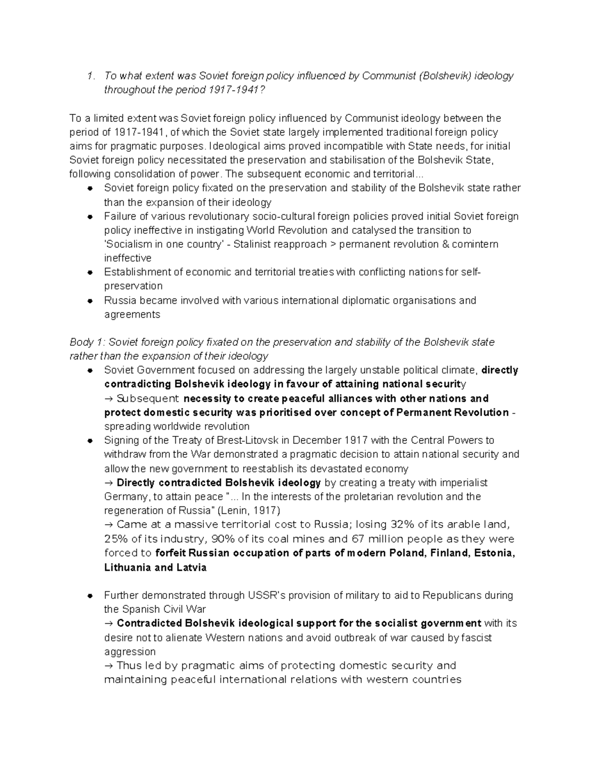 HIST 202: Russia Essay Plans on Soviet Foreign Policy & Stalinism - Studocu