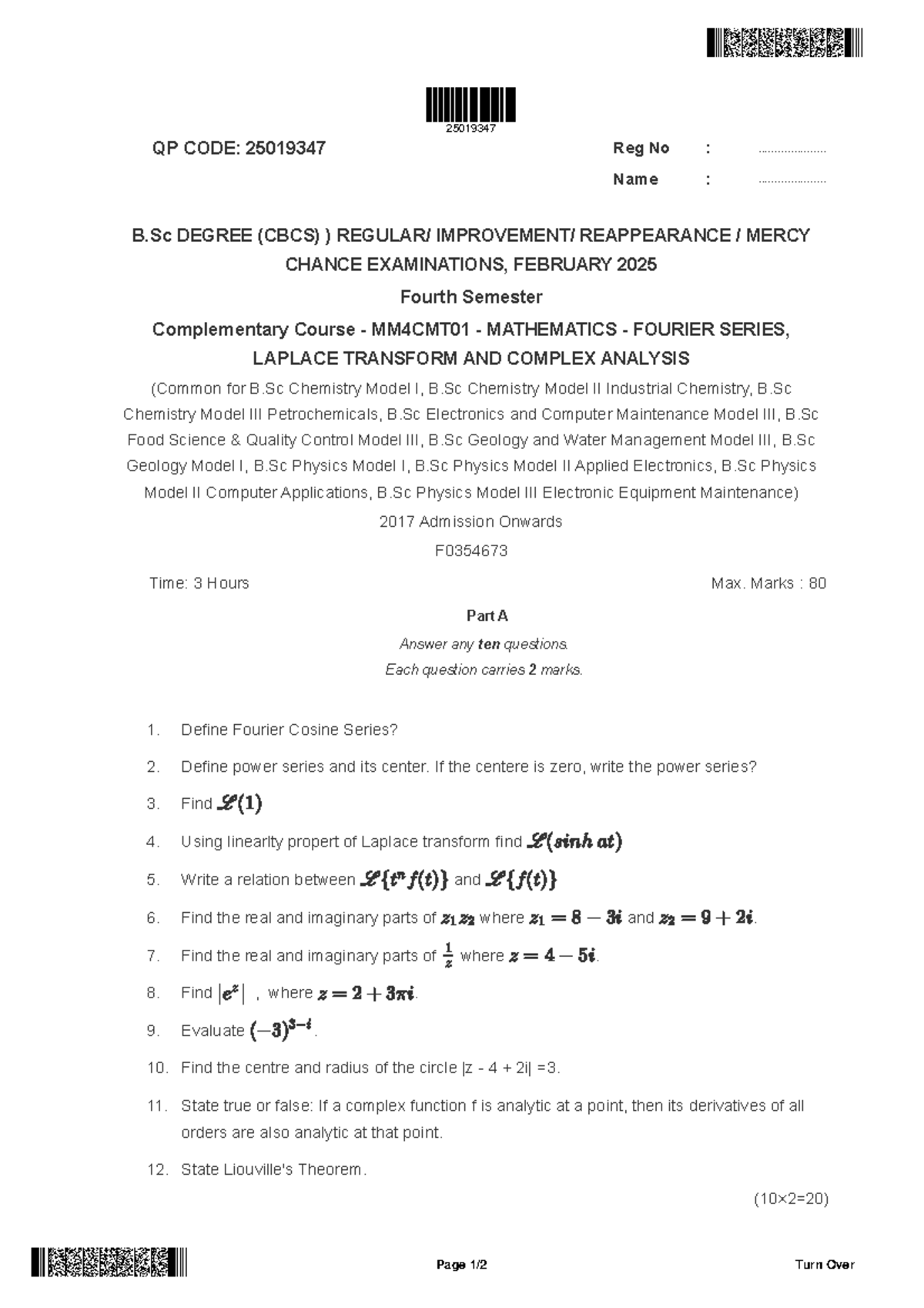 MM4CMT01 Reappearance Exam: Fourier Series & Laplace Transform - Studocu