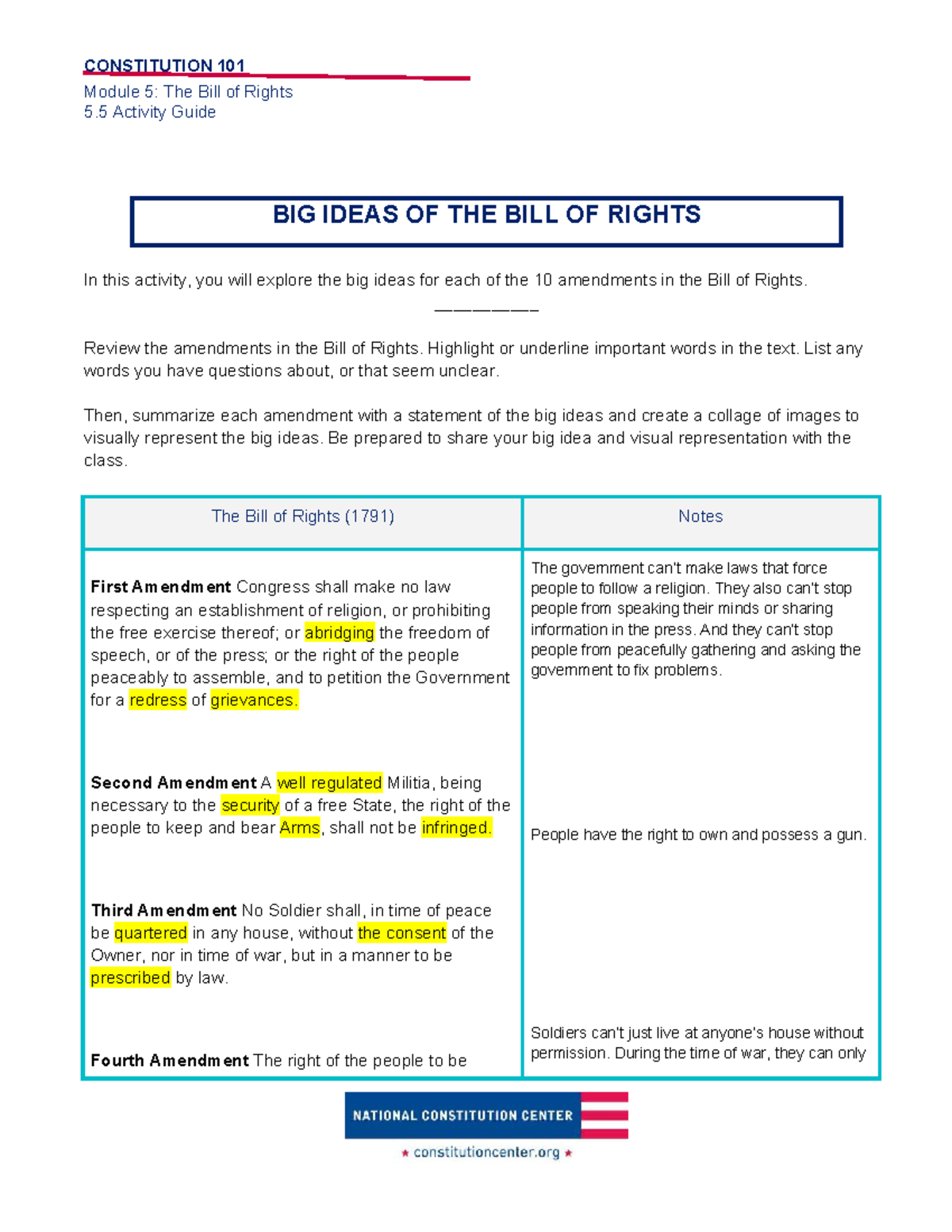 CONSTITUTION 101 Module 5: Big Ideas of the Bill of Rights Activity ...