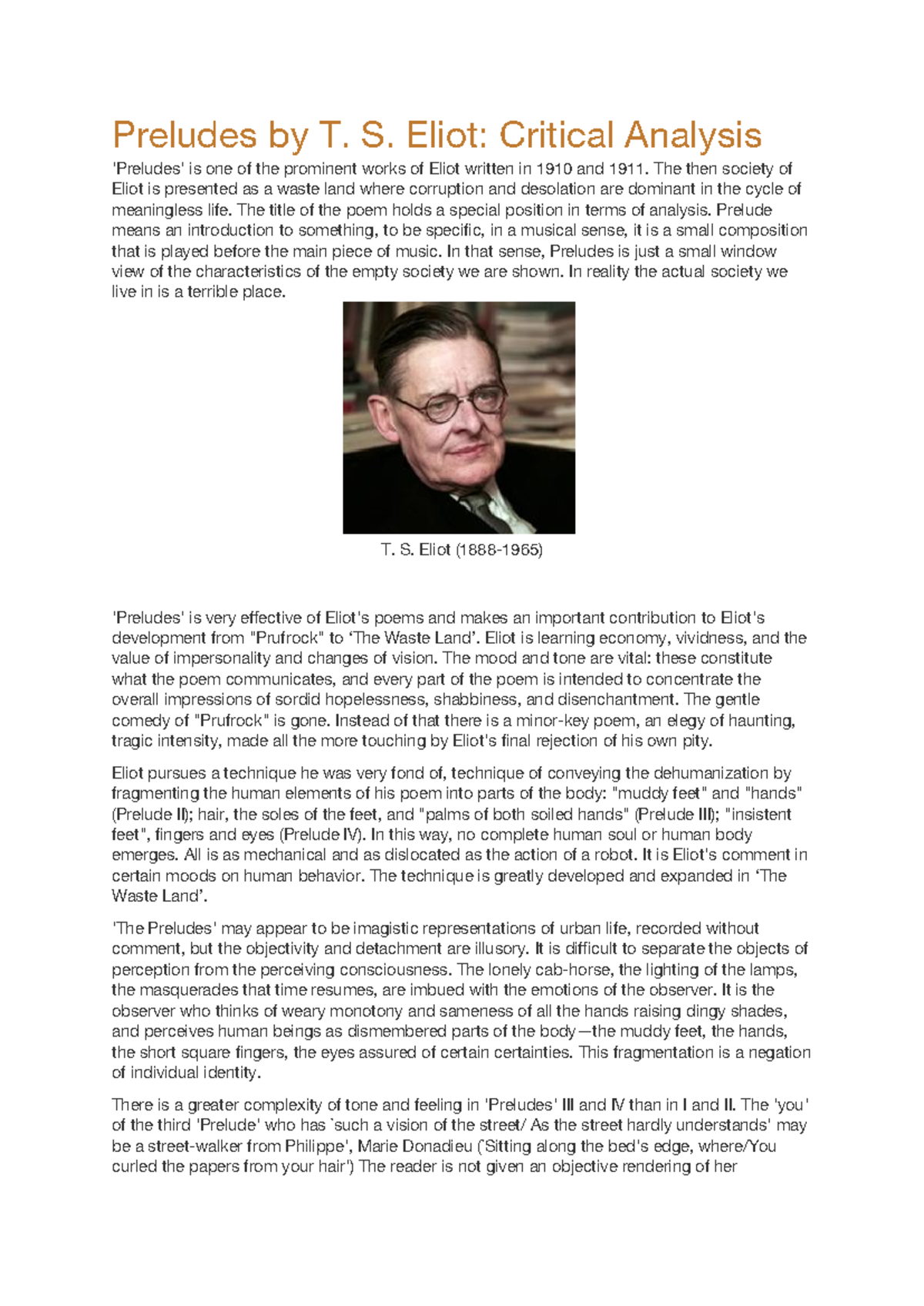 Critical Analysis of T.S. Eliot's "Preludes" (ENG 101) - Studocu