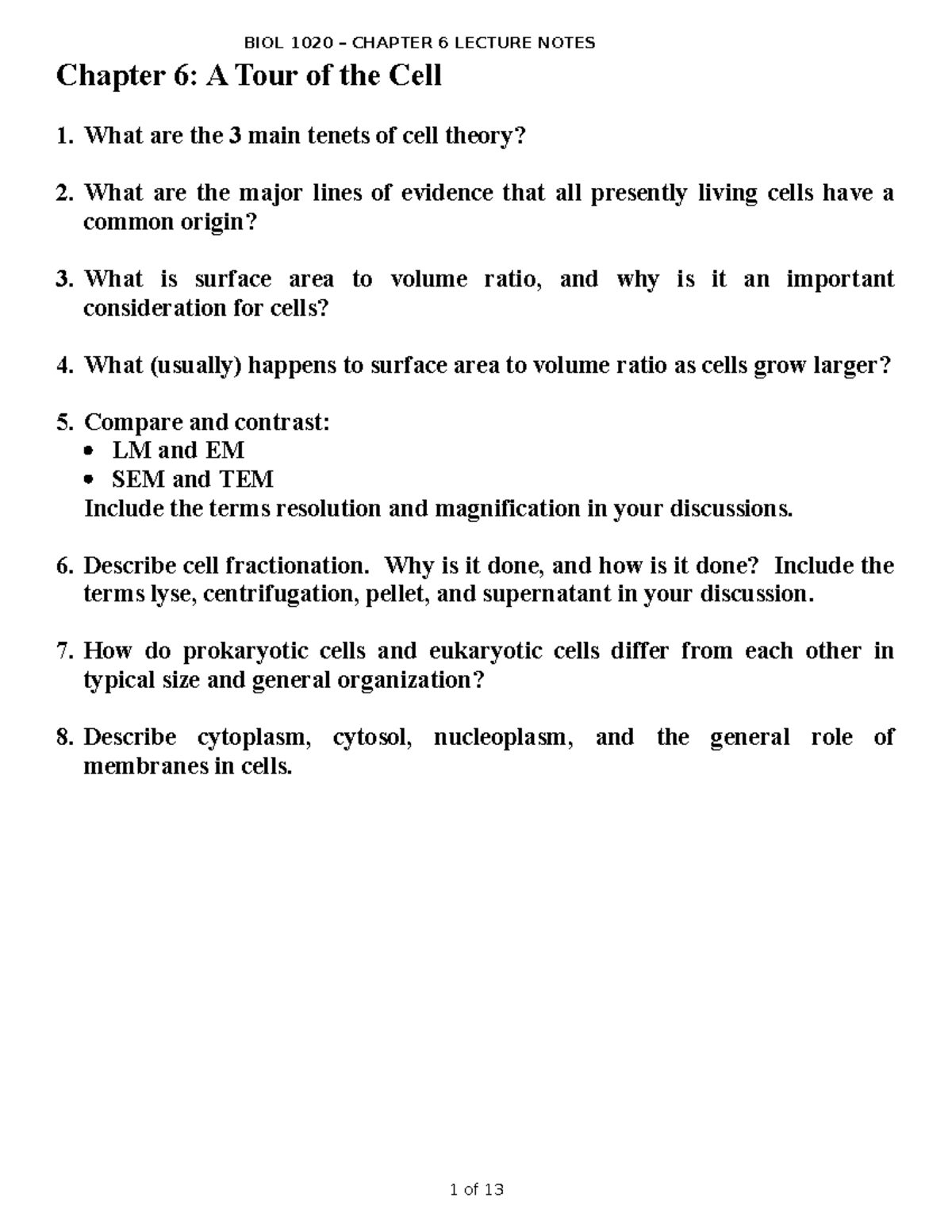 Chapter 06 - Cell Structure and Function Study Guide and Notes - Studocu