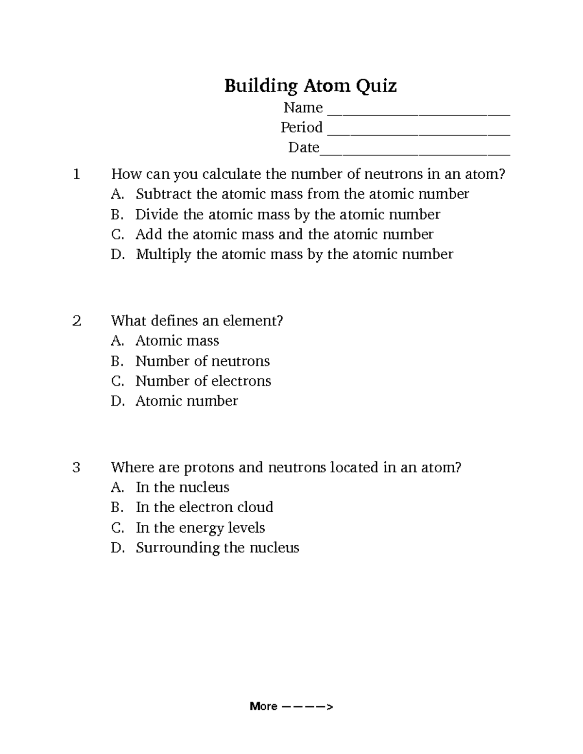 Building Atoms Quiz D: Understanding Atomic Structure and Elements ...