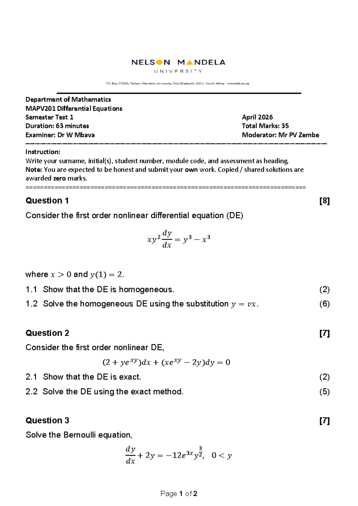 MAPV201 Differential Equations Sem Test 1 - April 2026 - Studocu