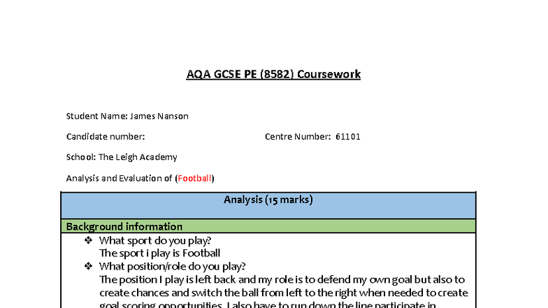 AQA GCSE PE (8582) Coursework: Analysis of Football Performance by ...