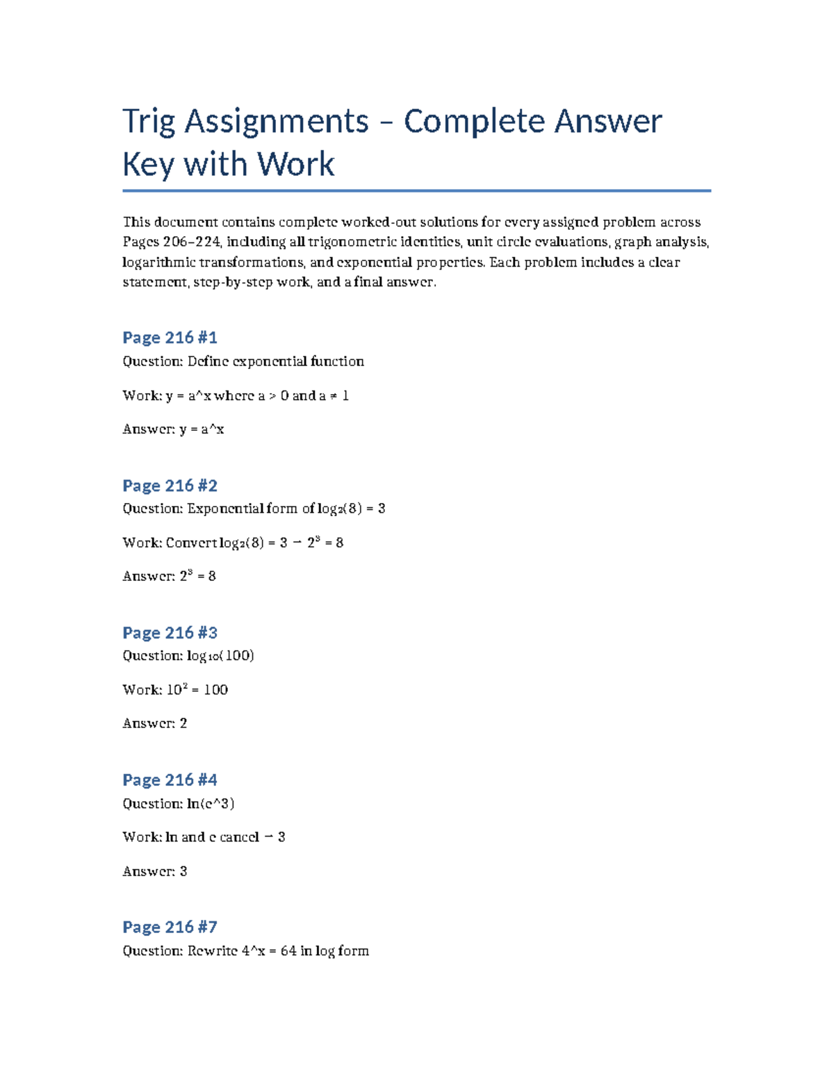 Trig Assignments Complete Answer Key with Solutions for Final Exam ...