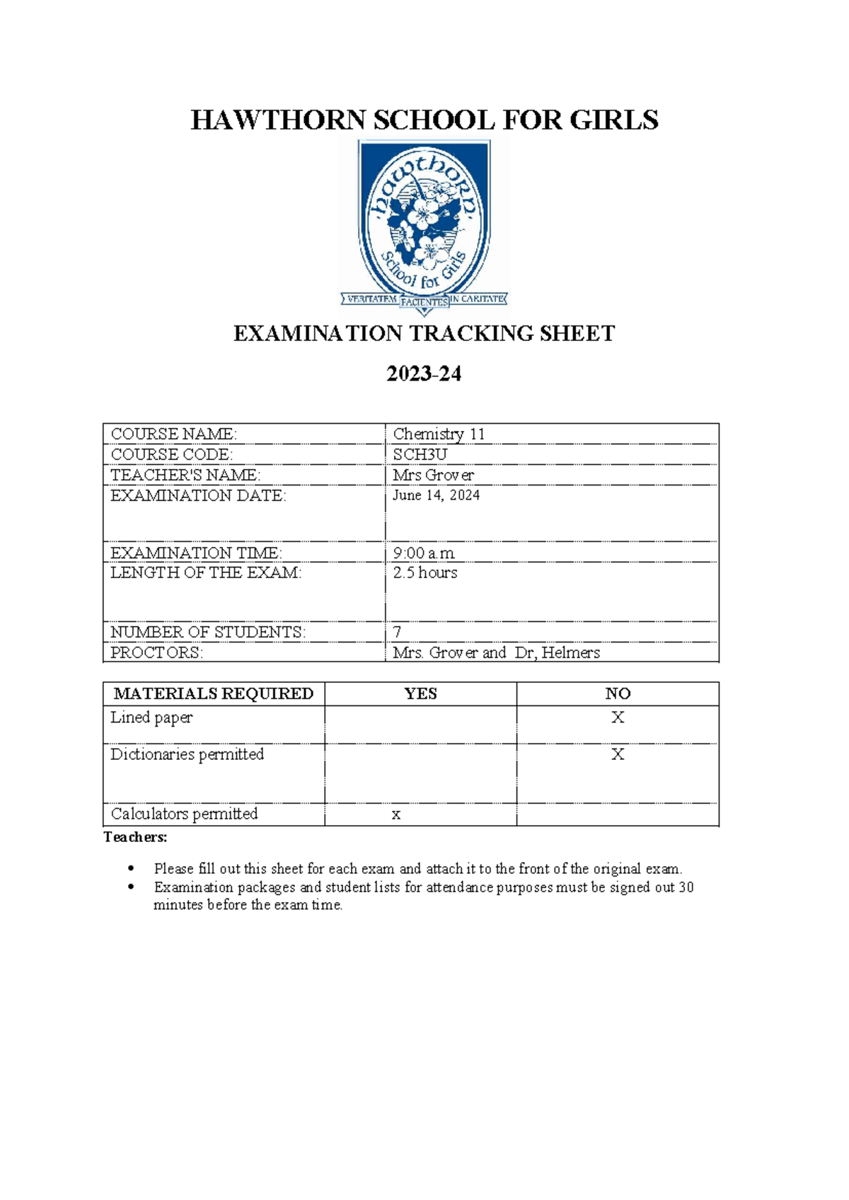 SCH3U - Chemistry 11 Final Exam Tracking Sheet - June 14, 2024 - Studocu