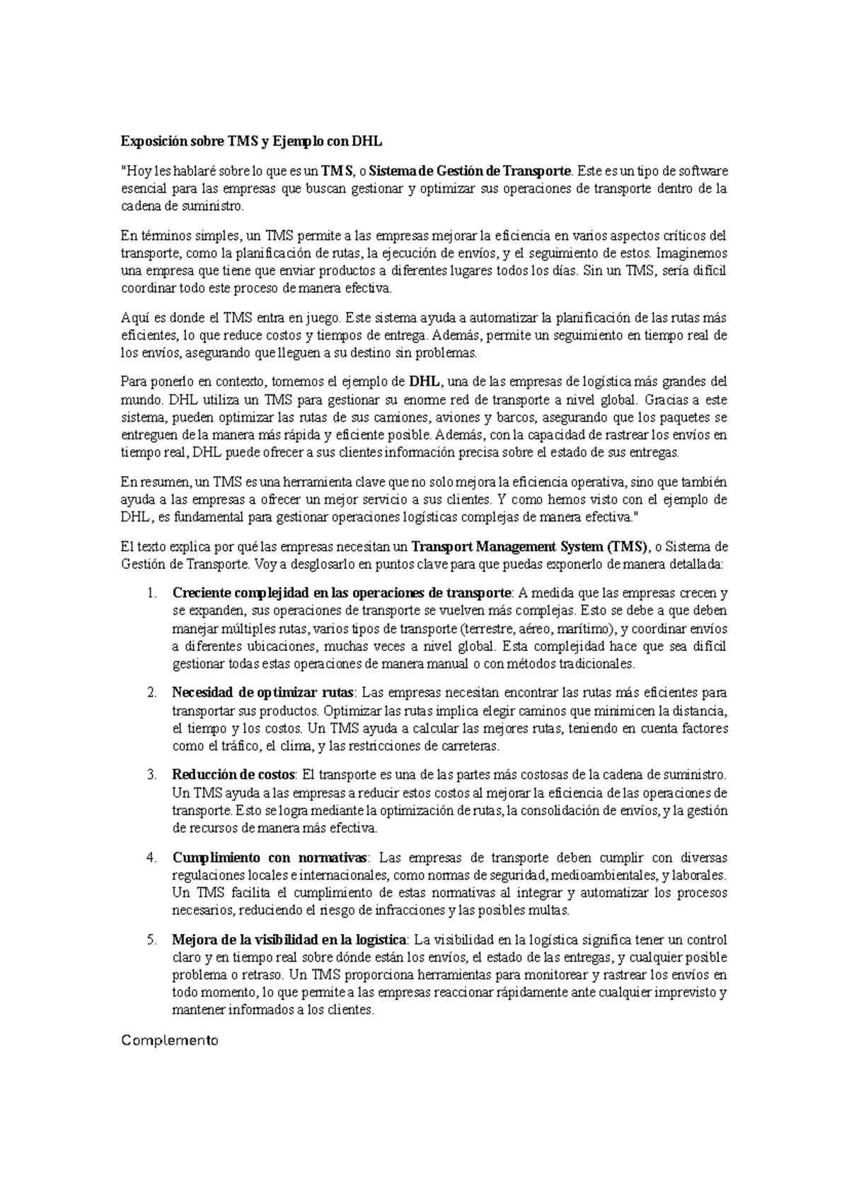 Exposición sobre TMS: Ejemplo de DHL y Claves para la Logística - Studocu