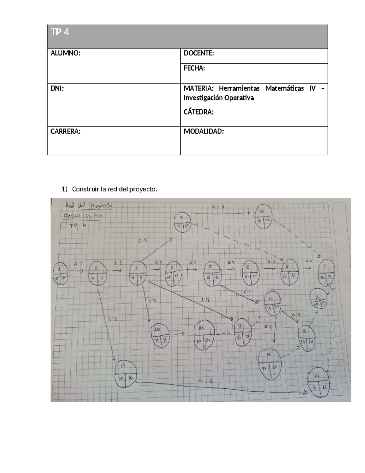 Herramientas Matemáticas IV - TP4: Análisis de Proyecto y Tiempos - Studocu