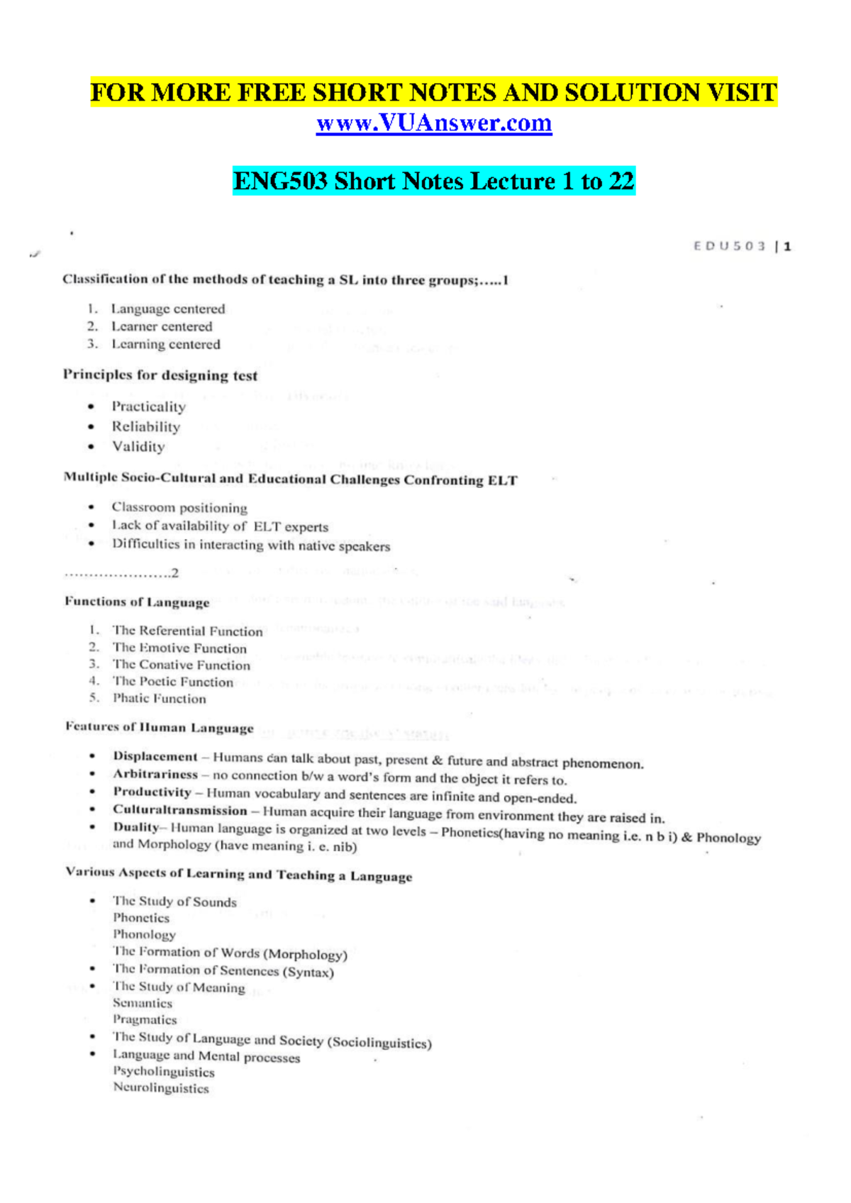 ENG503 Short Notes for Lectures 1 to 22 Overview - Studocu