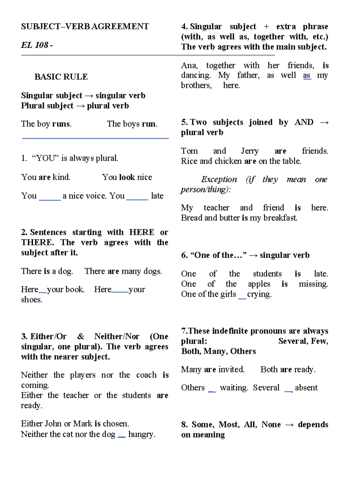 EL 108 Agreement Rules: Subject-Verb Agreement Guide - Studocu