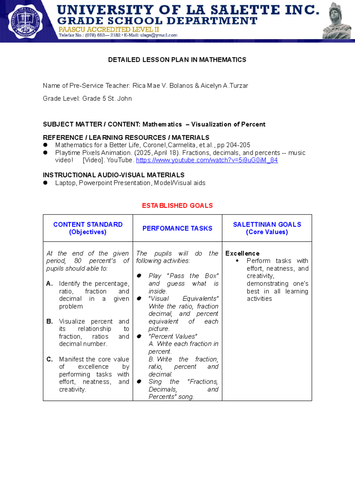 MATH20 DETAILED LESSON PLAN ON PERCENTAGE FOR GRADE 5 - Studocu