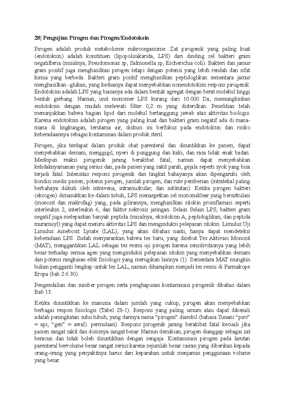 Ujian Pirogen dan Endotoksin: Pemahaman dan Proses Terbaru - Studocu