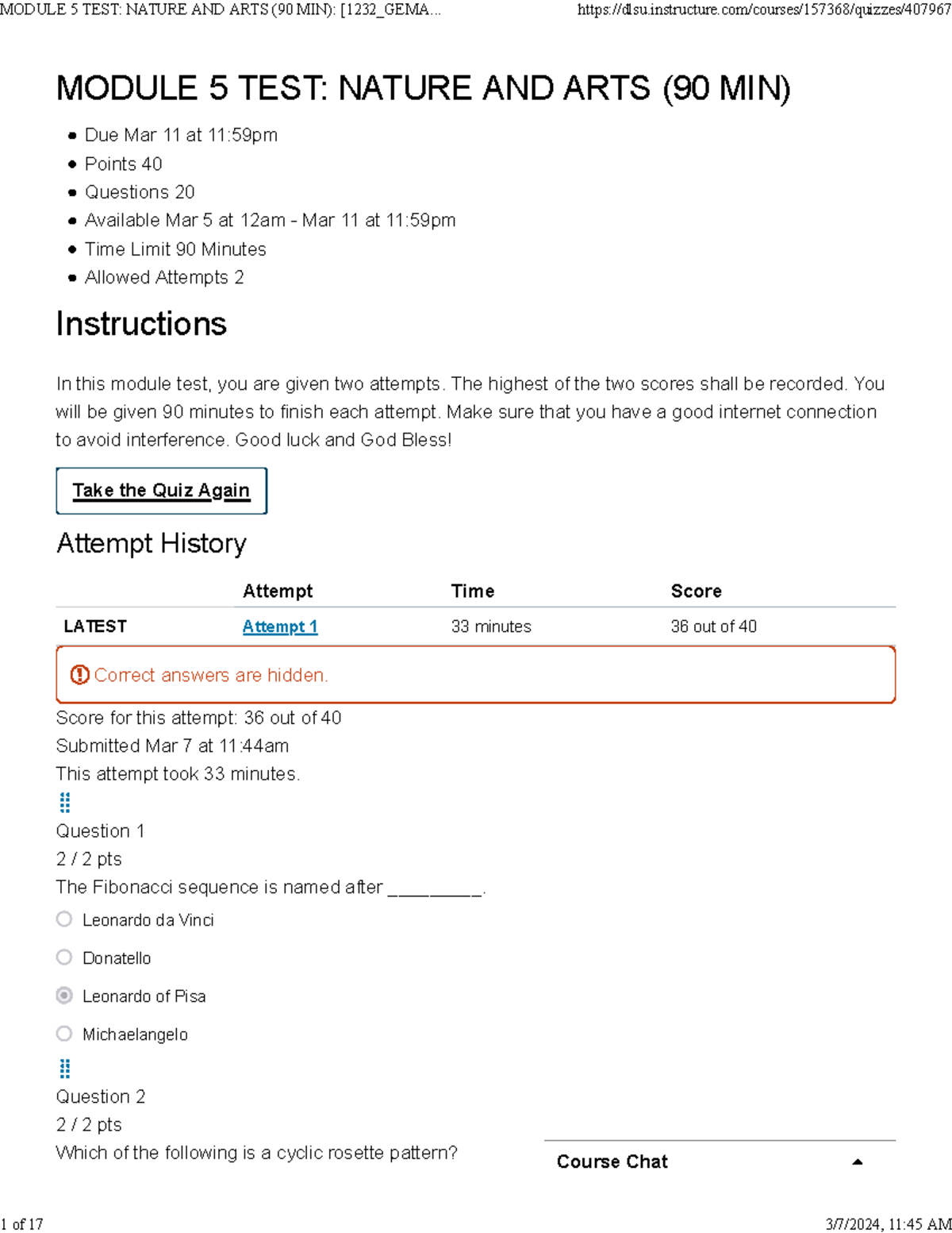 MATMW Canvas Answer - MODULE 5 TEST: NATURE AND ARTS (90 MIN) Due Mar ...