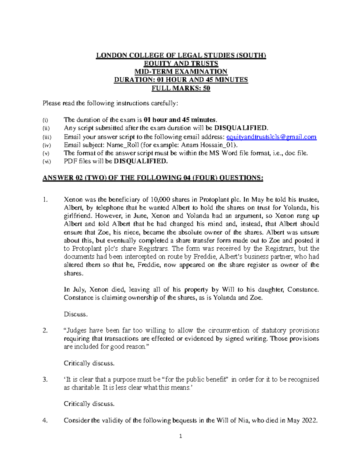 Equity and Trusts Midterm Exam Paper for LCLS - Questions Overview ...