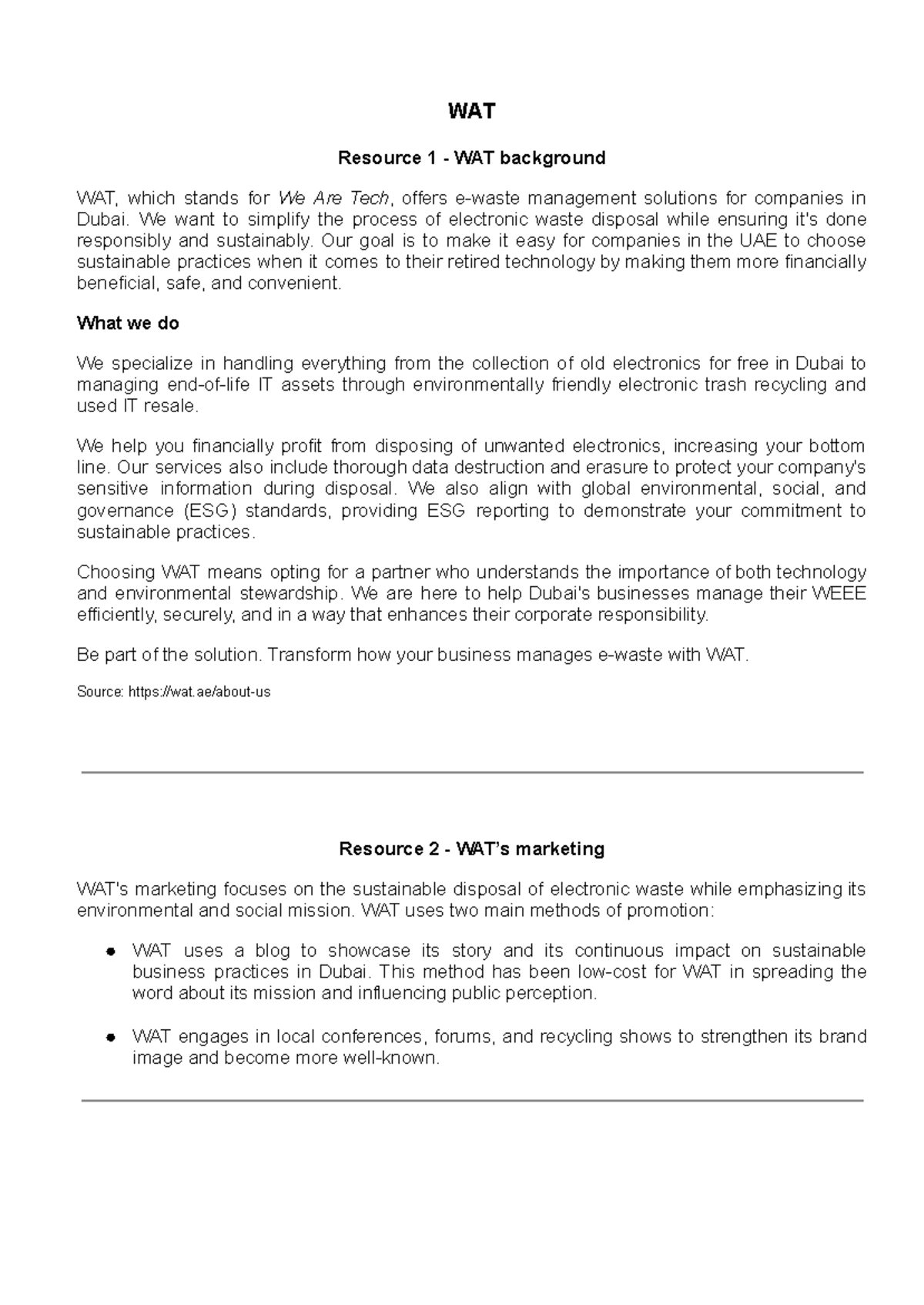 Mock exam 1 paper 3 HL business - WAT Resource 1 - WAT background WAT ...