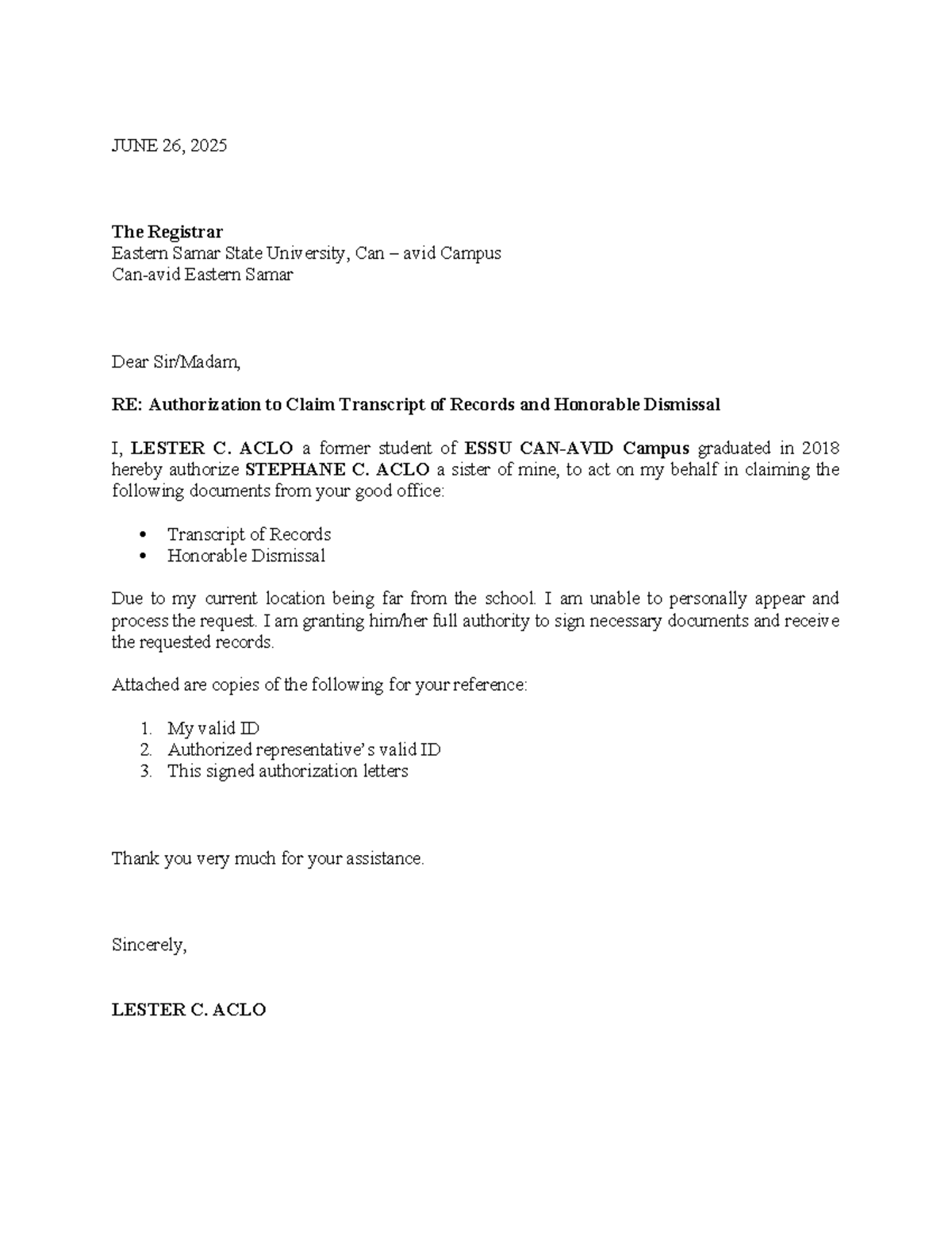 Authorization Letter for Transcript Claim - ESSU - Studocu
