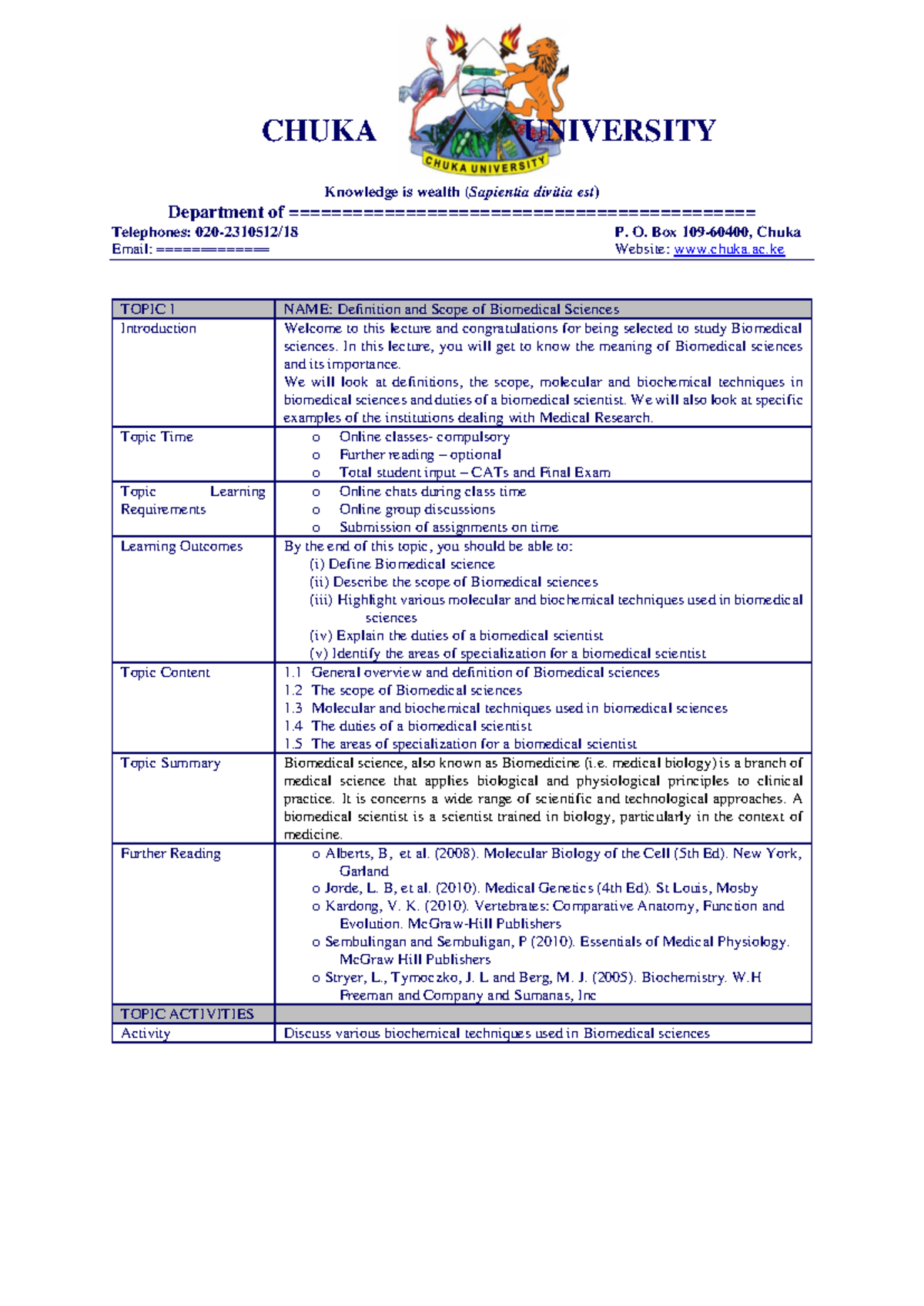 BMET 101 Topic 1: Definition & Scope of Biomedical Sciences Notes - Studocu