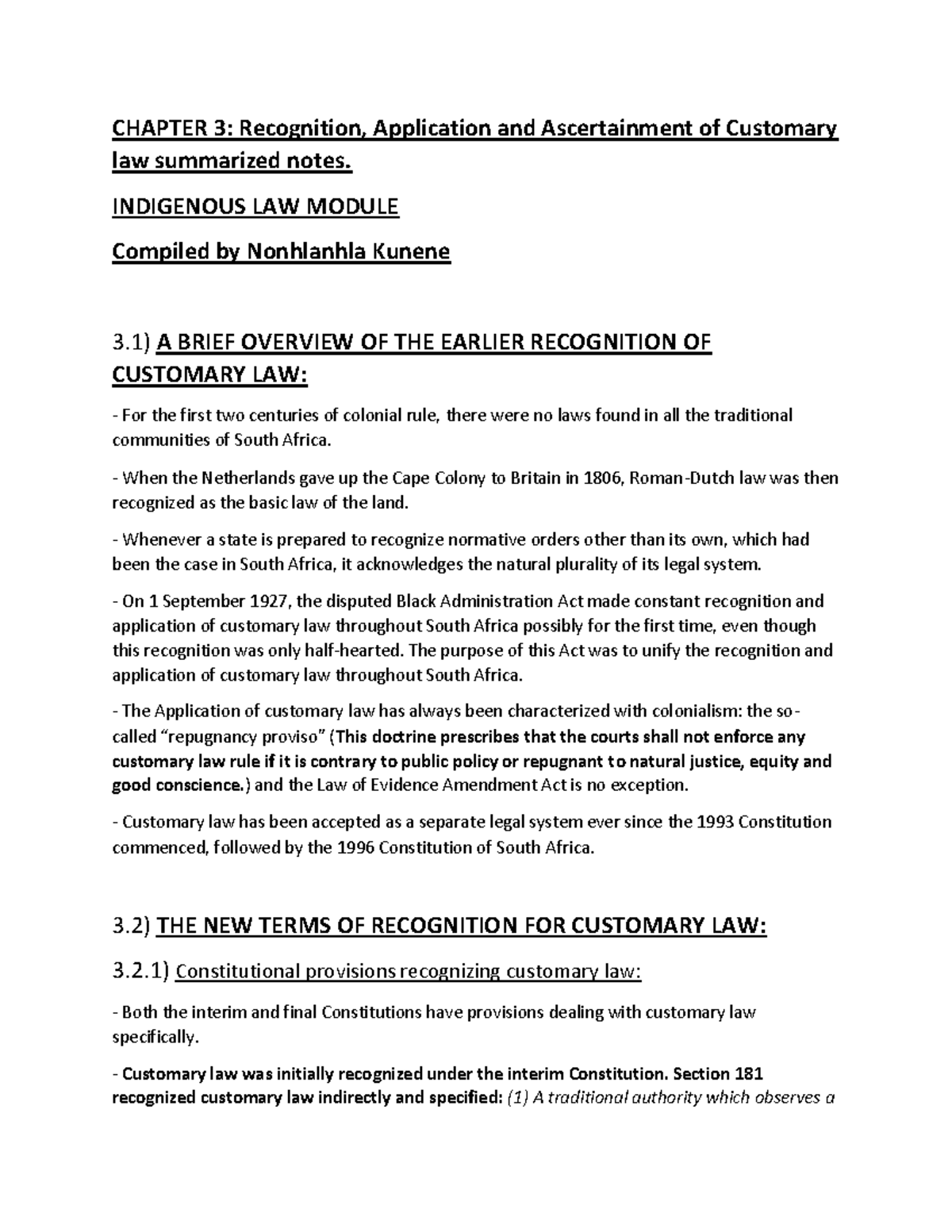 Chapter 3 Summary Notes on Indigenous Law and Customary Law - Studocu