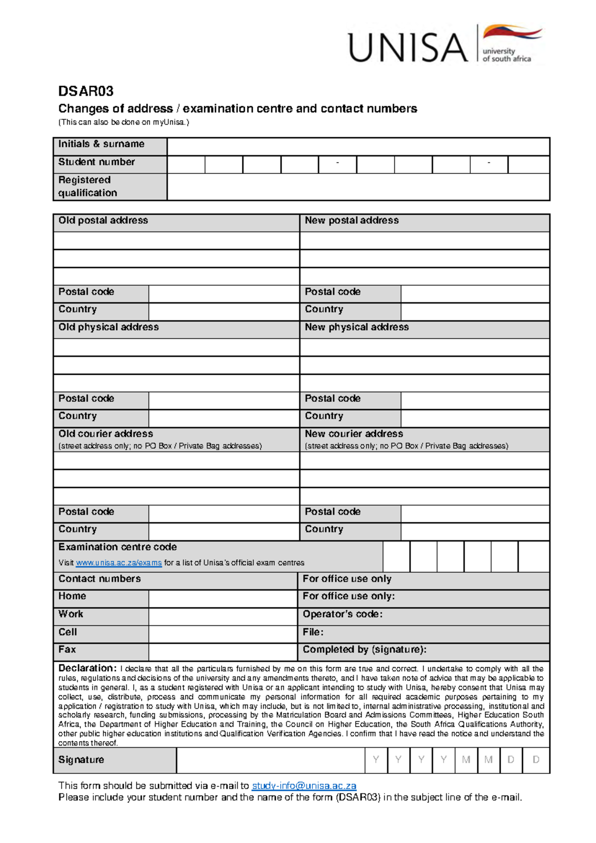 Unisa-DSAR03-Address & Exam Centre Change Form Guidelines - Studocu