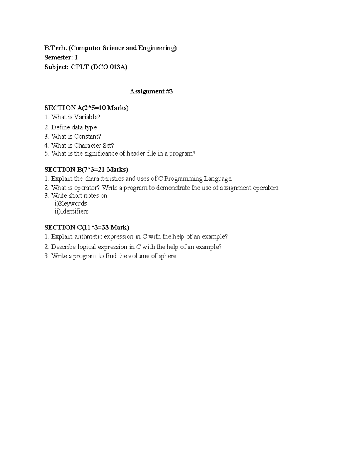 Assignment 3 - B.Tech CSE (DCO 013A) on C Programming Concepts - Studocu